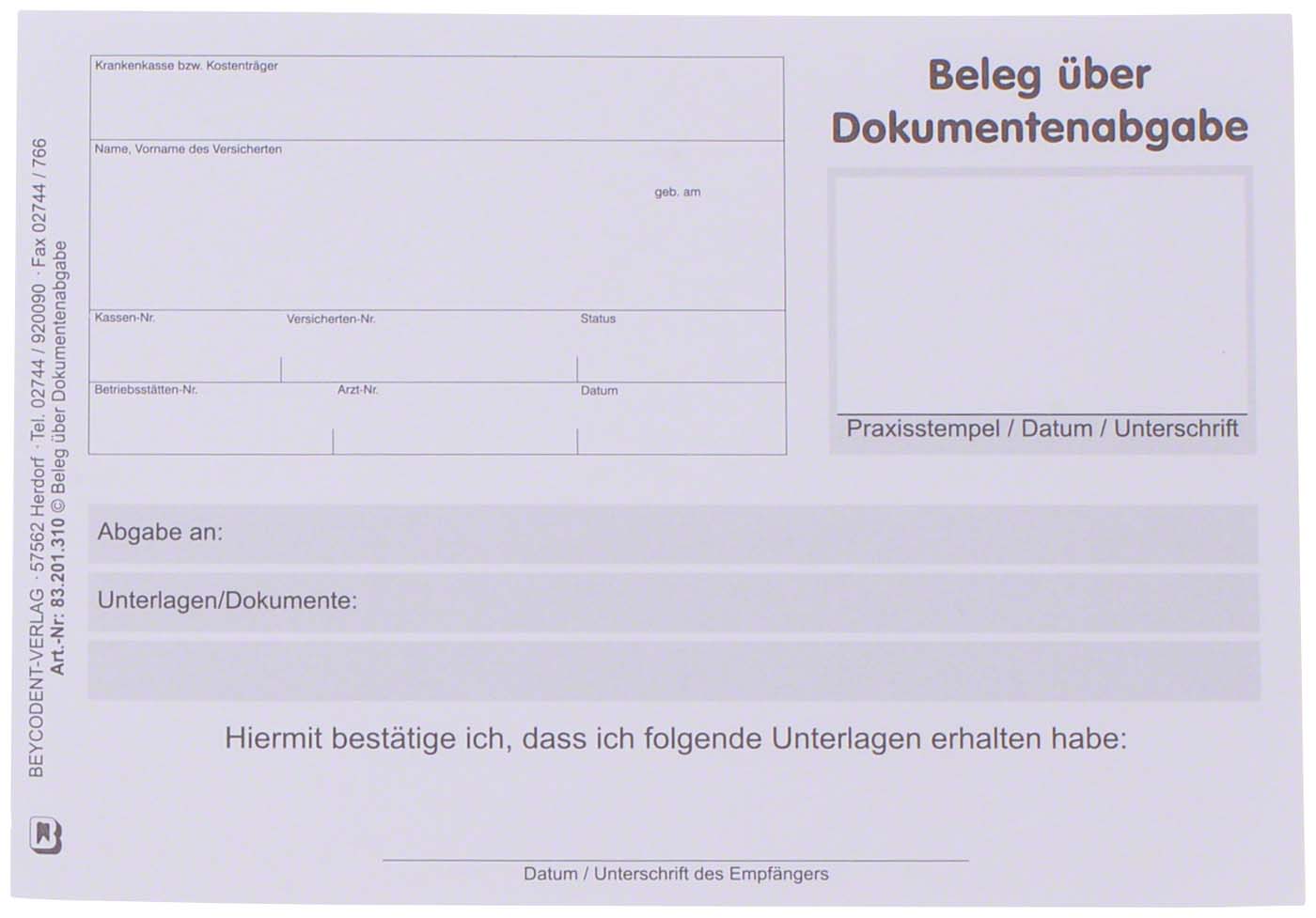 Beleg über Dokumentenabgabe **Block** 100 Stück | Organisationssysteme ...